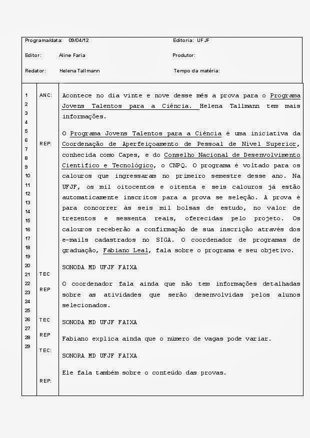 Portfólio - Helena Tallmann: Roteiro para rádio: Programa Jovens Talentos