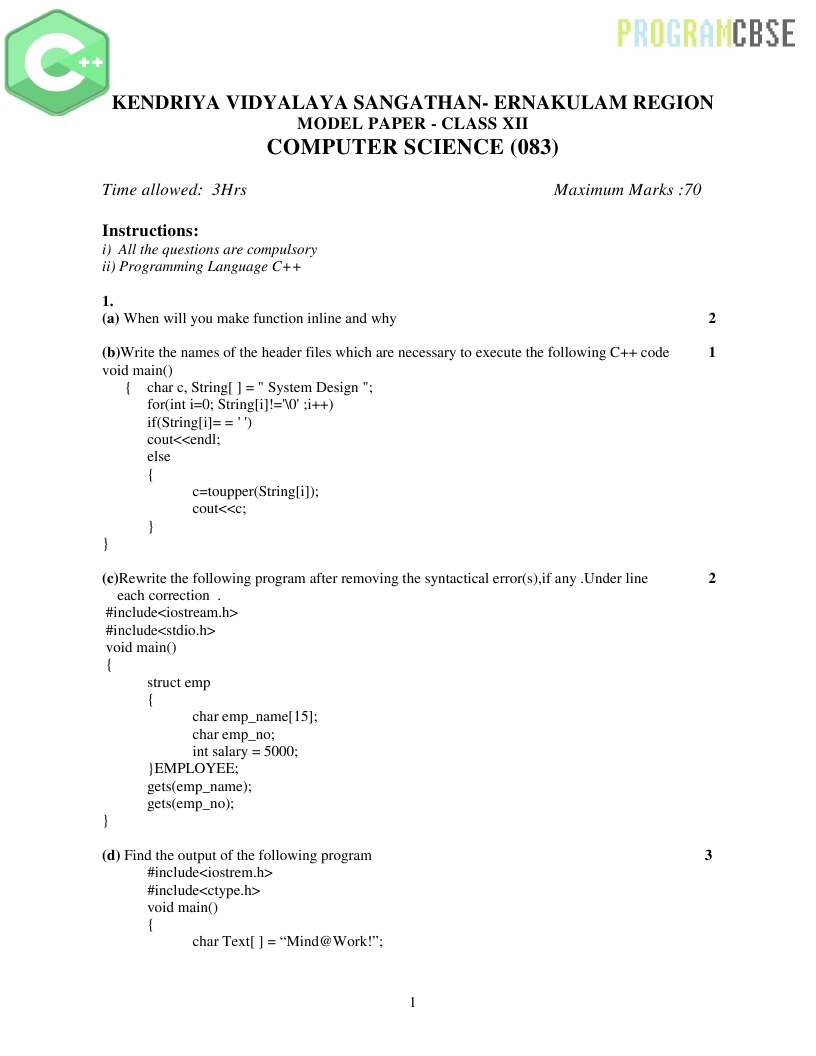 CS Sample Paper 2014-Unsolved - Welcome Programmer