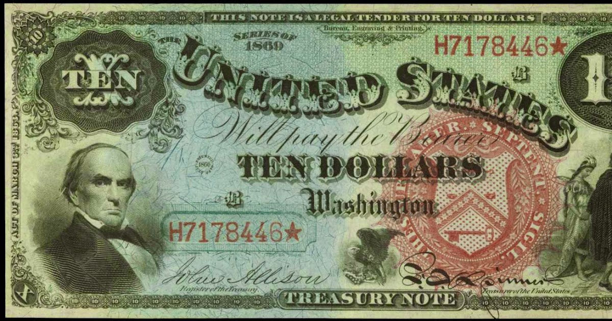 1869 Ten Dollar Legal Tender Note Rainbow Jackass|World Banknotes ...