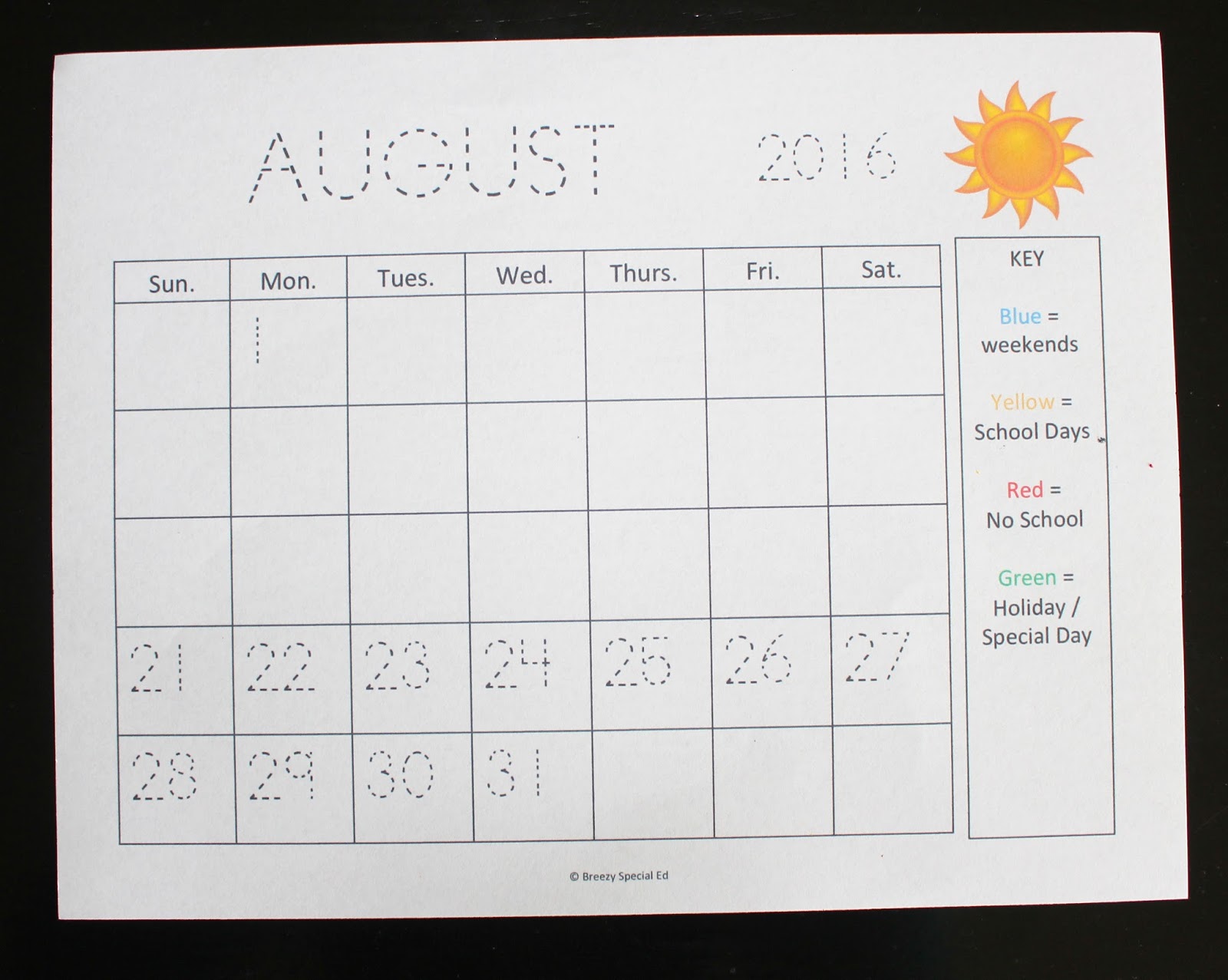 Visual Color Coded Calendars for Students with Special Needs - Breezy ...