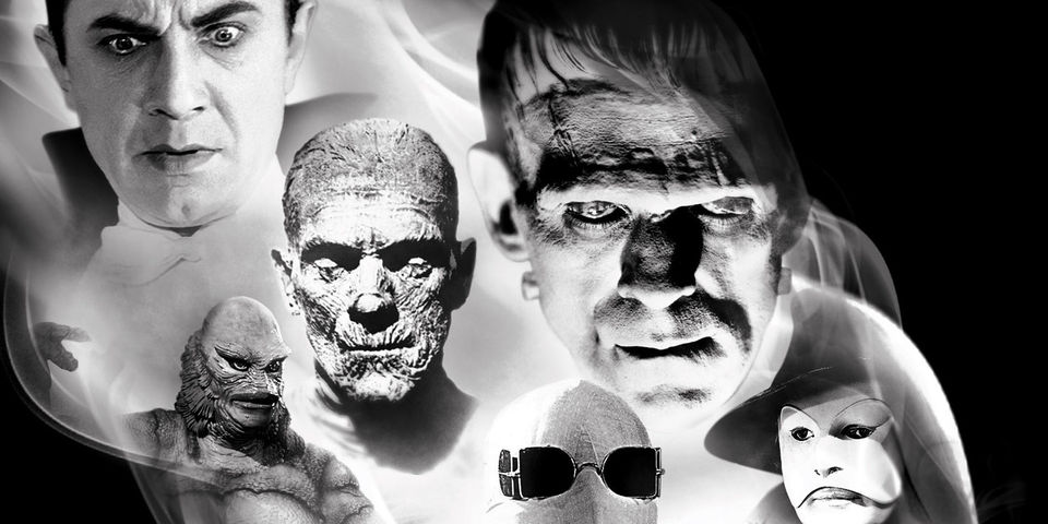 Monstros clássicos do terror em pôster, bustos e estatuetas.