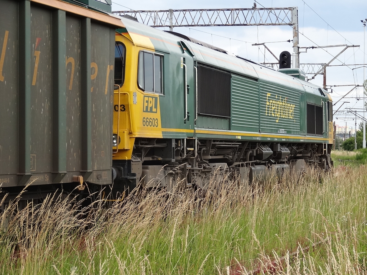 Firmowy pociąg FPL na stacji Kielce Herbskie: Class 66604 z węglarkami ...