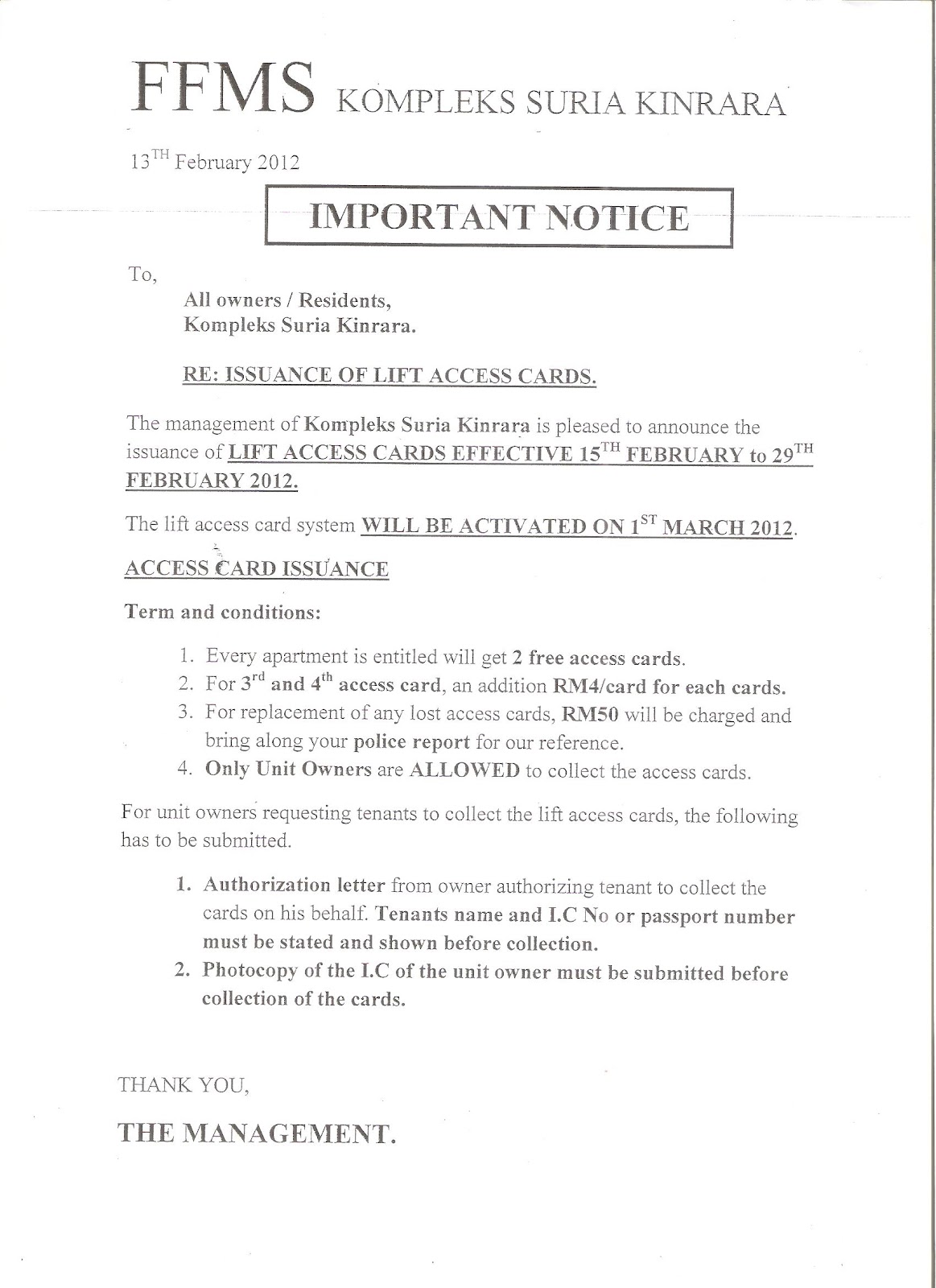 Suria Kinrara Community: Activation of Lift Lobby Access Card System
