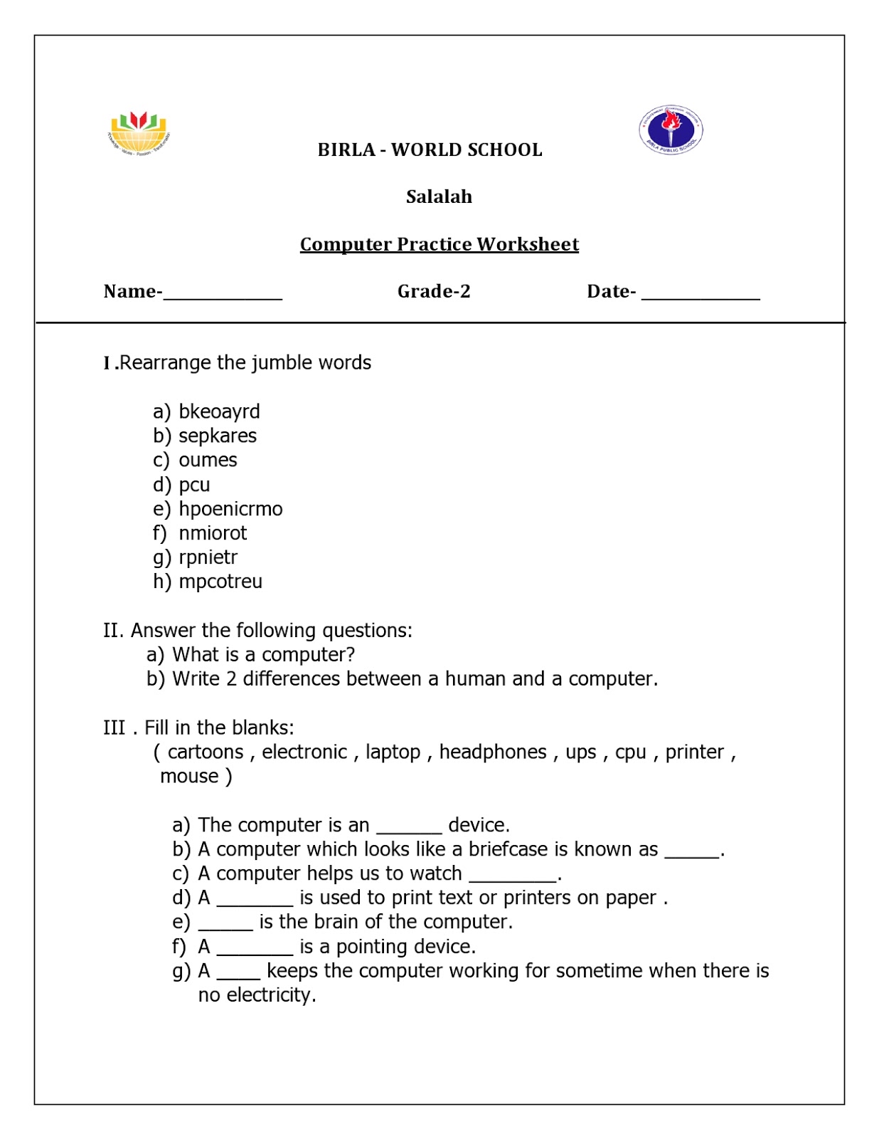 Birla World School Oman: Homework for Grade 2B on 4/11/15