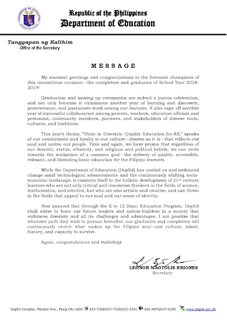 DepEd Memos, Orders & Results: Graduation/Moving-Up 2019 Message (English)