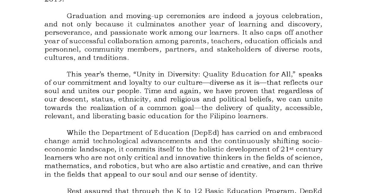 DepEd Memos, Orders & Results: Graduation/Moving-Up 2019 Message (English)