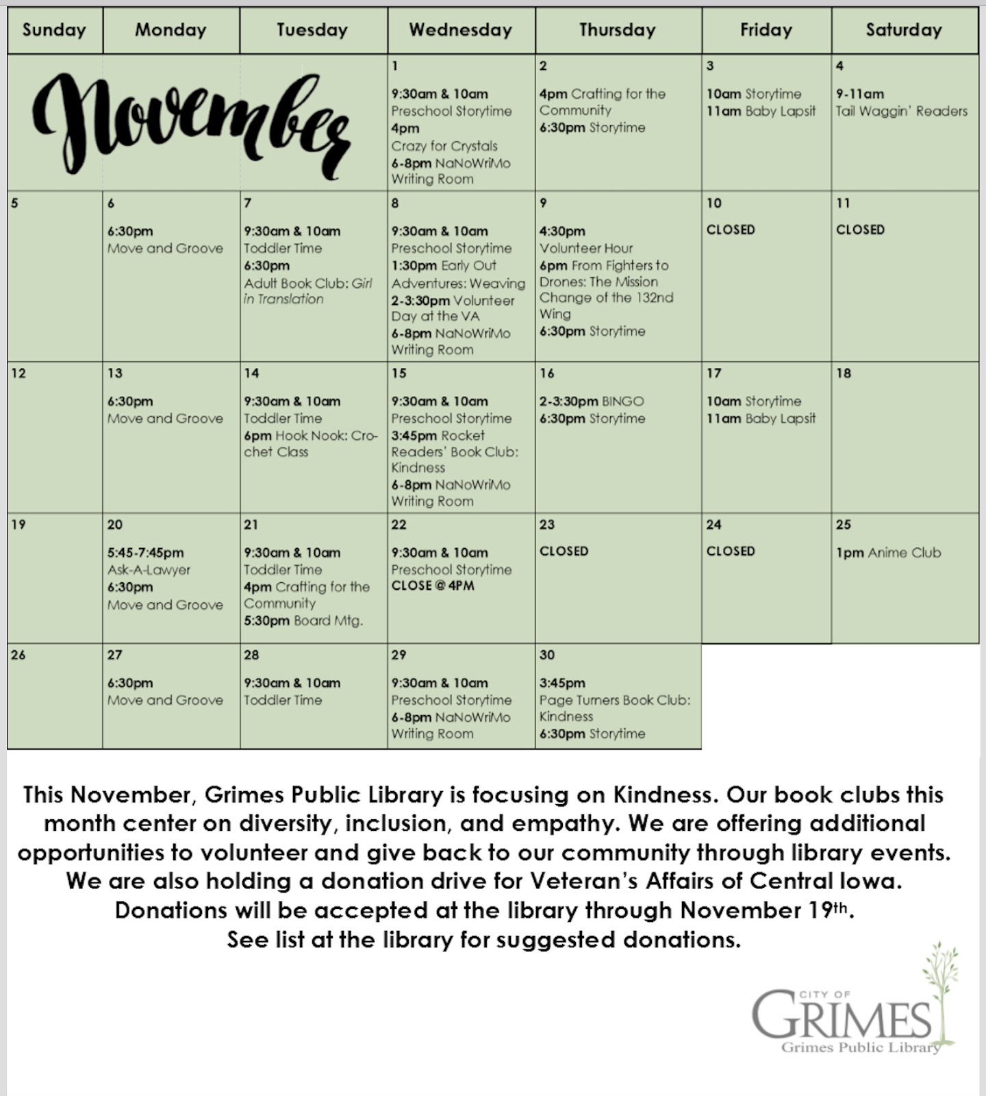Heritage Elementary: November Library Schedule