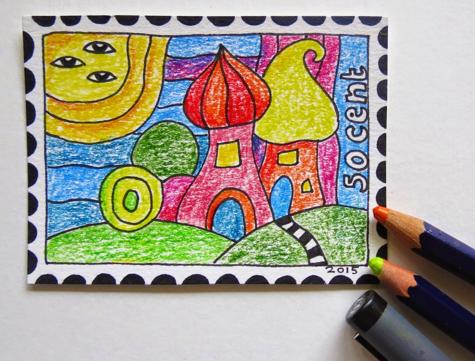 MakeArtBeHappy: Hundertwasser stamps for inspiration ; an ATC tutorial