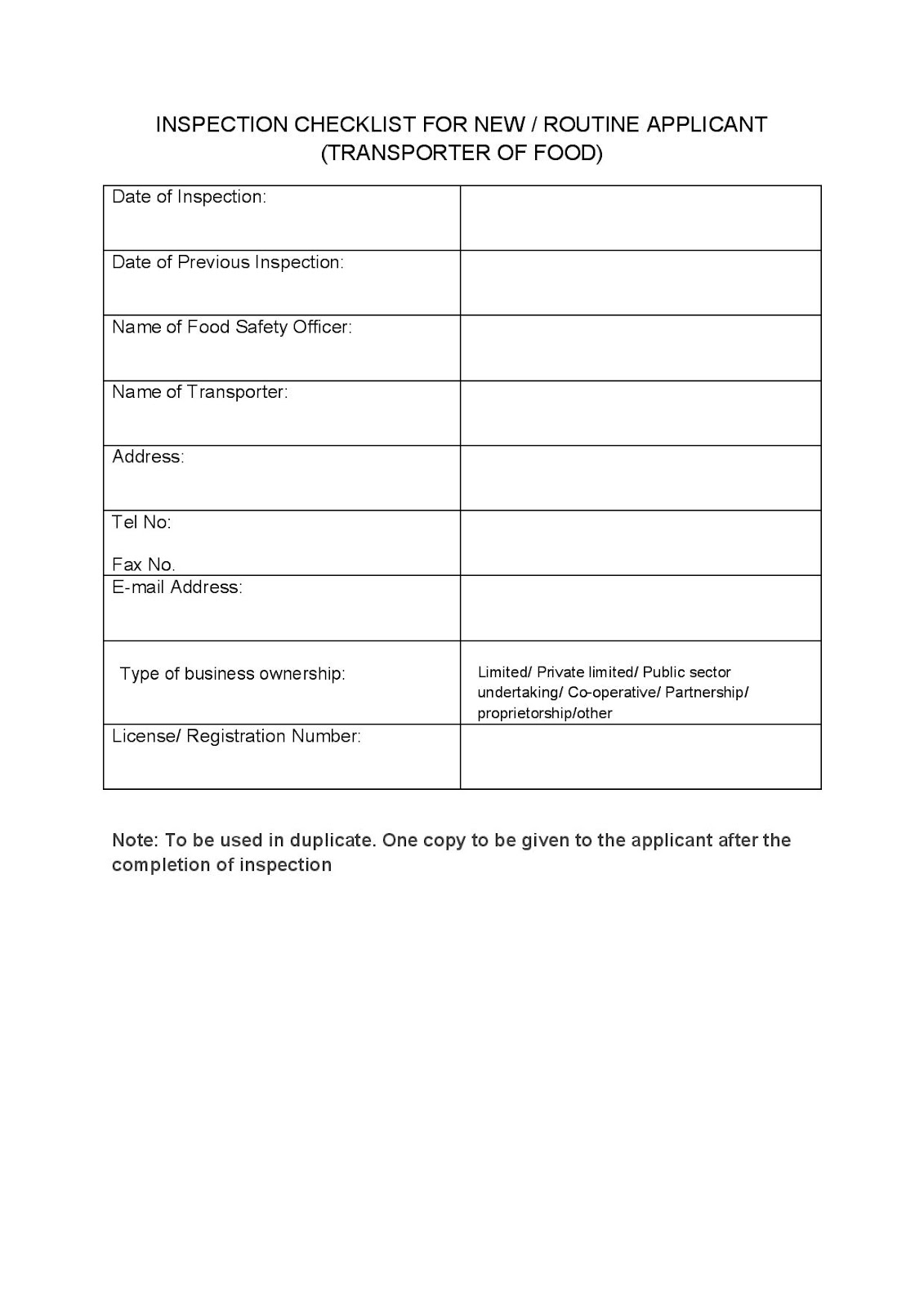 FOOD SAFETY LATEST: INSPECTION FORM TRANSPORTER OF FOOD