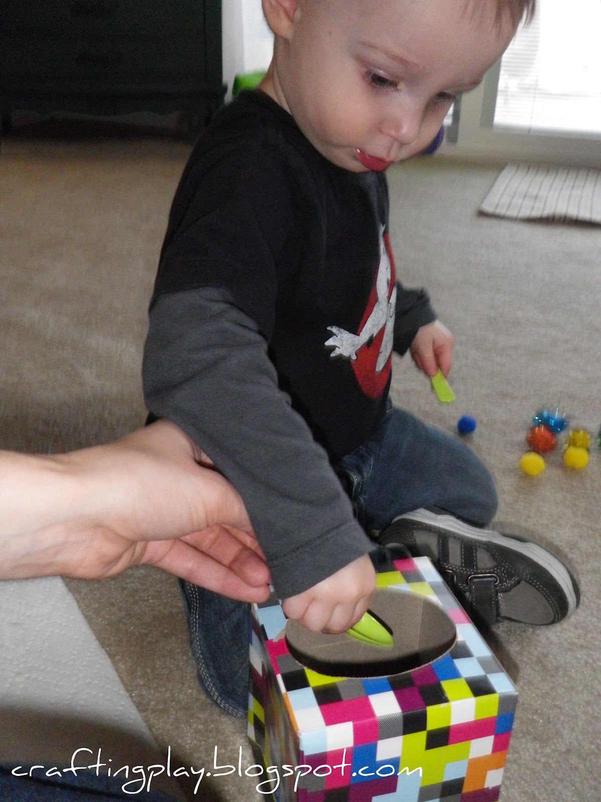 Crafting Play: Tissue box and Pom-Pom Fill and Spill Game