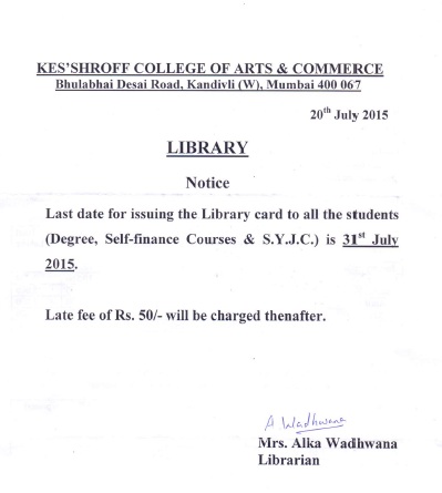 KES Shroff College Library: Library Notice
