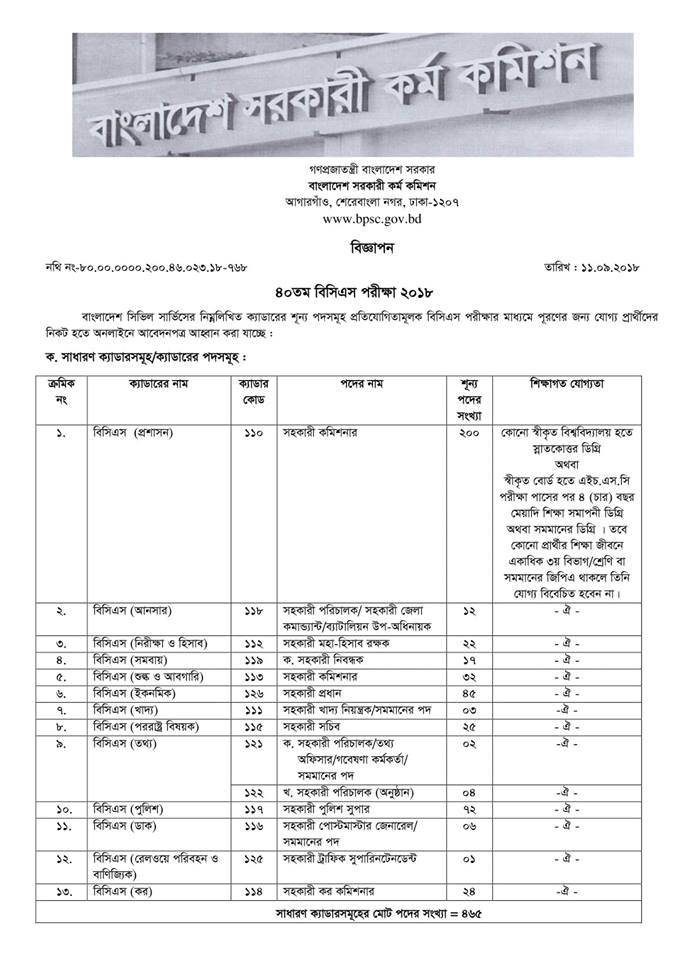 40th BCS Circular 2018 Published PDF Download | bpsc.gov.bd - BD JOB NEWS