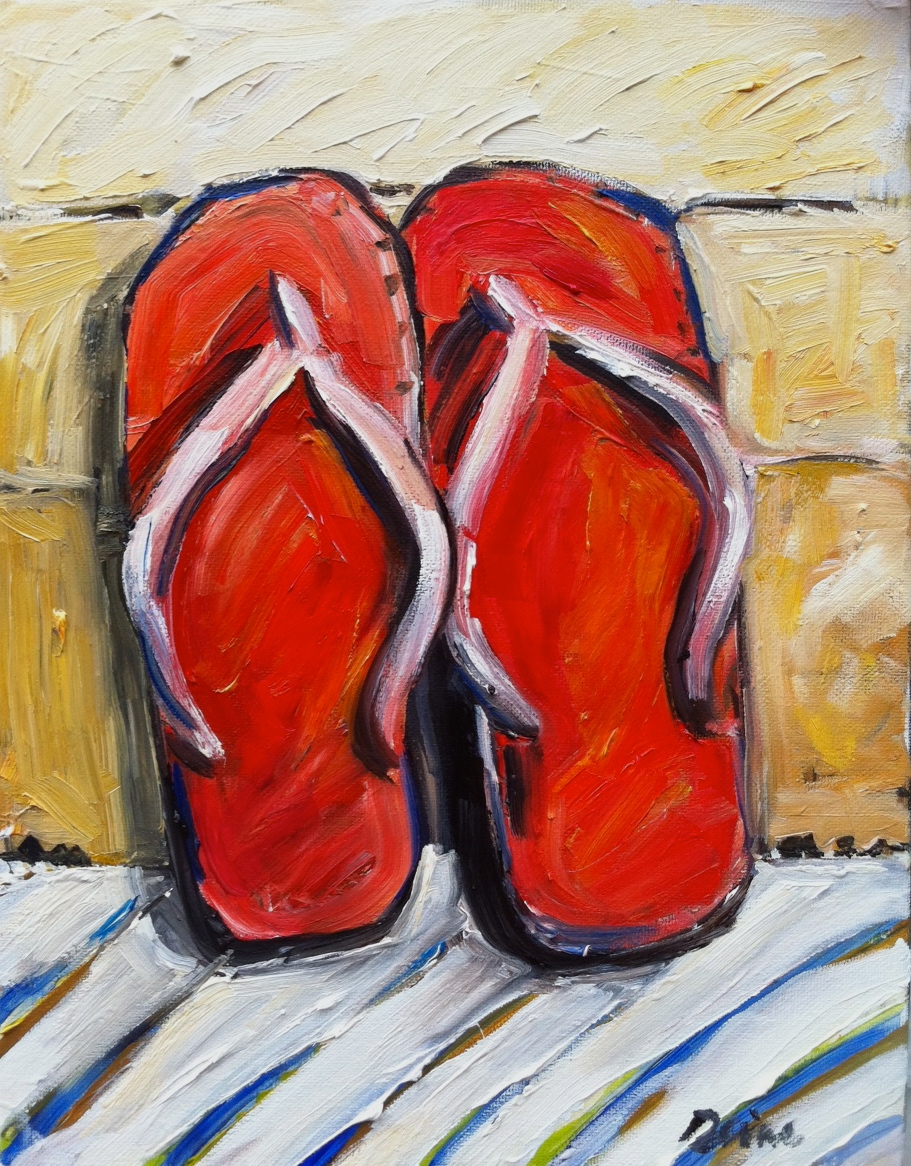 Recycled Wood Art: "Favorite Flip Flops" Original Oil Painting on Canvas