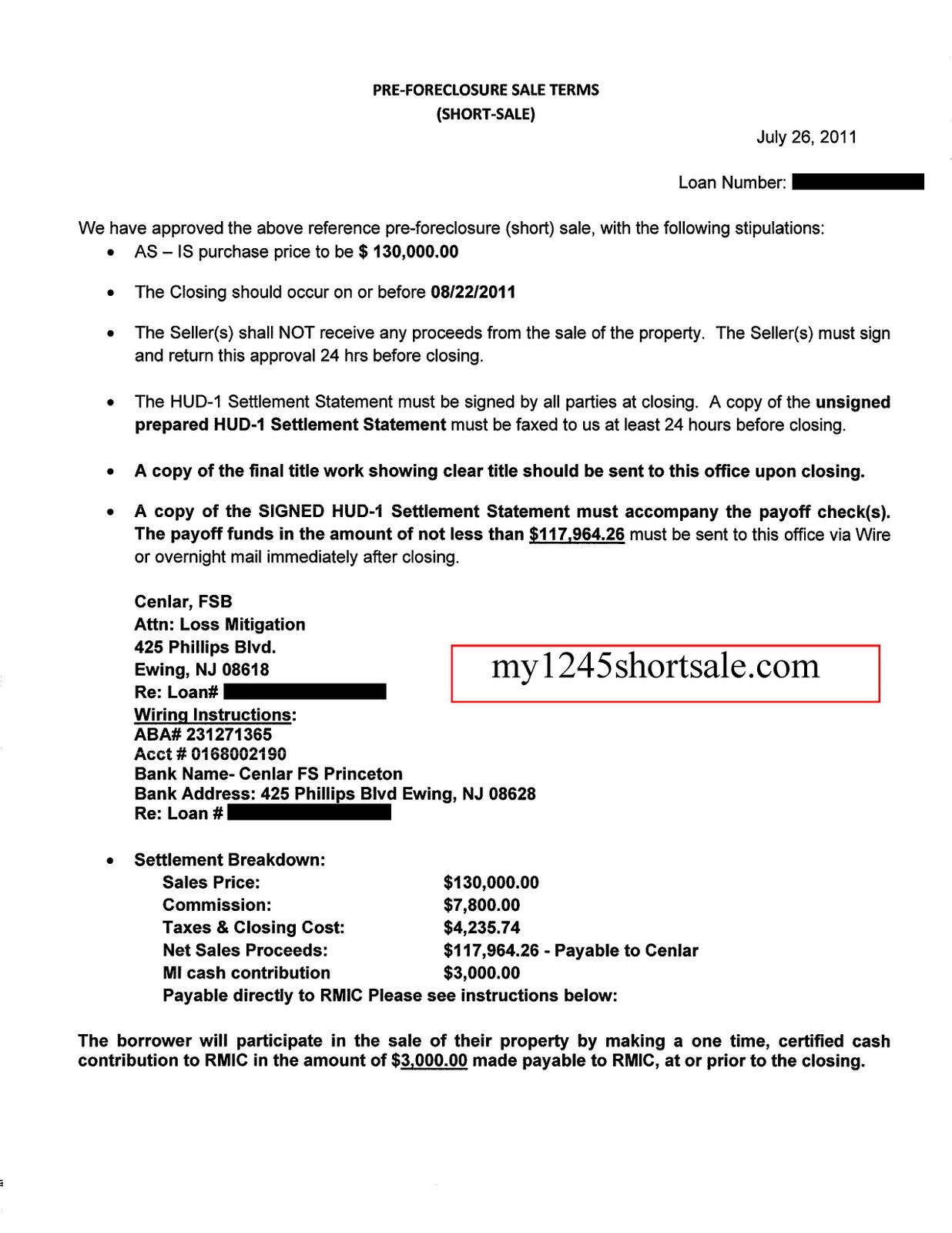 Cenlar Short Sale Approval Letter with Deficiency Waived Real Estate ...