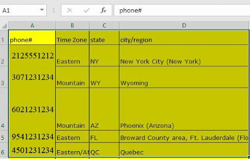Add Time Zone To USA Phone Excel