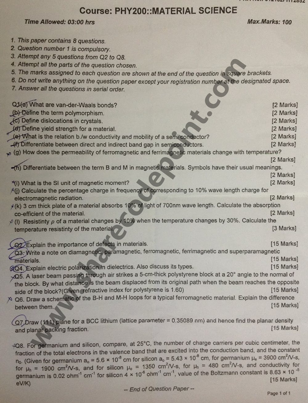 PHY200 : Material Science End Term Exam Question Paper - PHY 200 - lpu