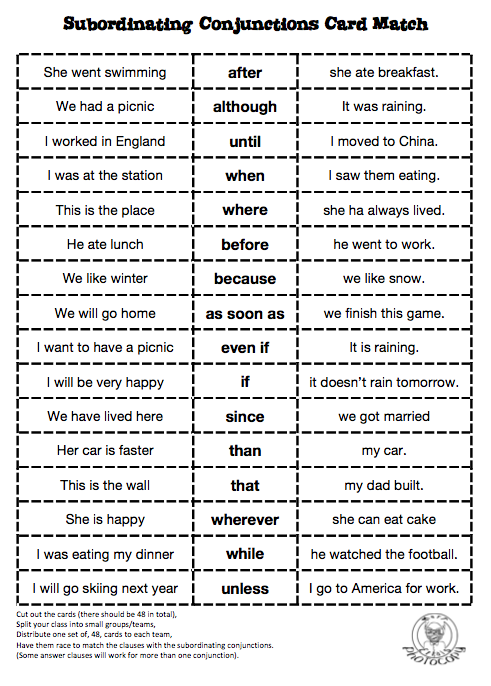 ESL Matt-erials: Grammar Collection - Subordinating Conjunctions Card Match