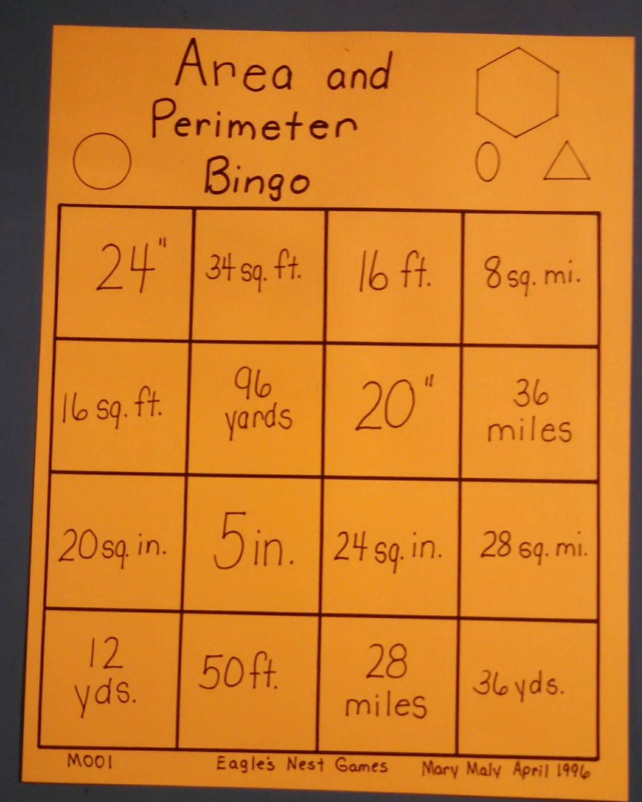Games For Learning: Bingo Games 4 - Area & Perimeter Bingo