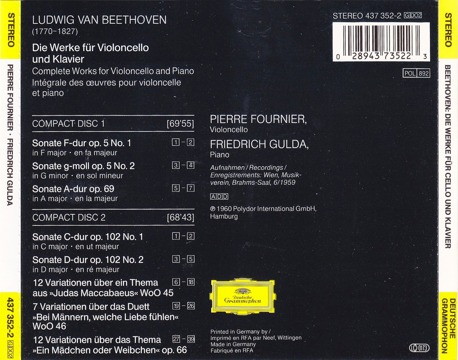 Sentidos: Beethoven. Sonatas para Violonchelo y Piano. Fournier. Gulda ...