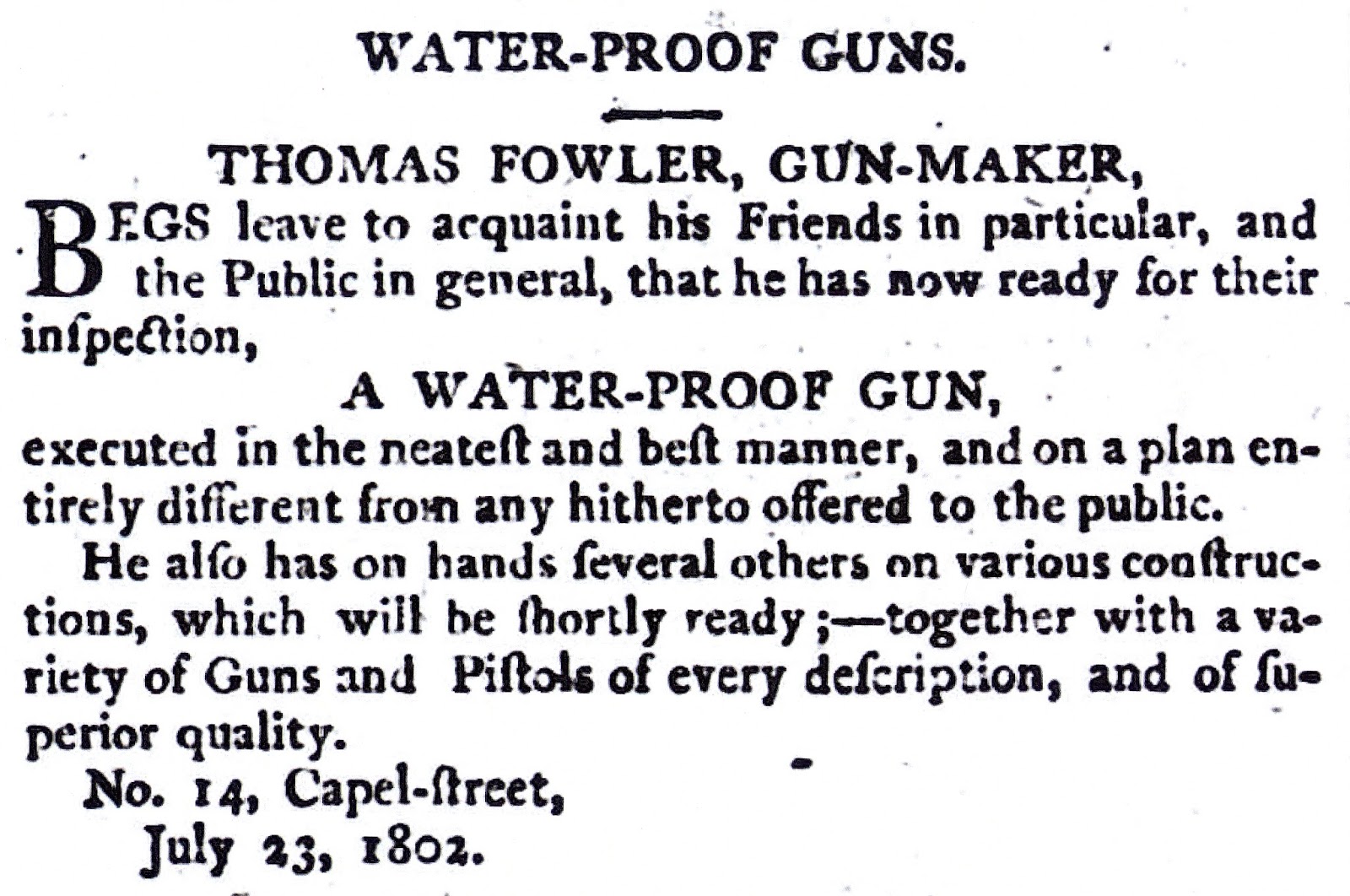 New Website: Thomas Fowler. Water-Proof Guns. Dublin.