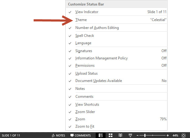 Luc's PowerPoint blog: Show name theme on status bar