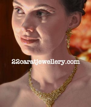 Model Displaying Simple Tanishq Diamond Necklace Set - Jewellery Designs
