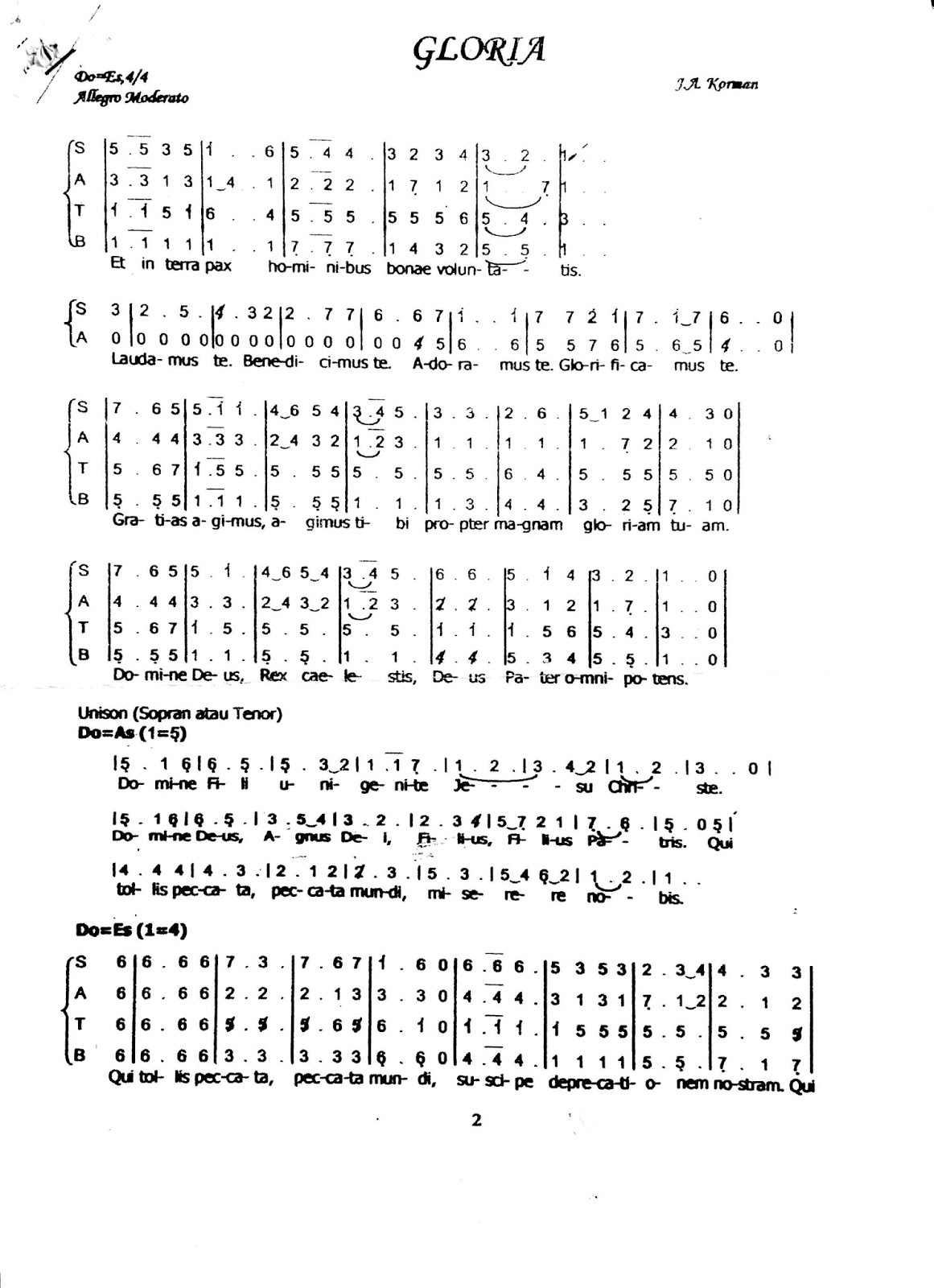 Gloria (J.A Korman) - Partitur Lagu Rohani