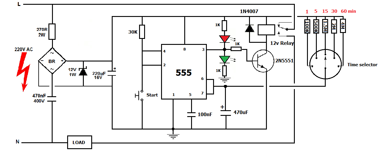 220v AC timer using IC 555