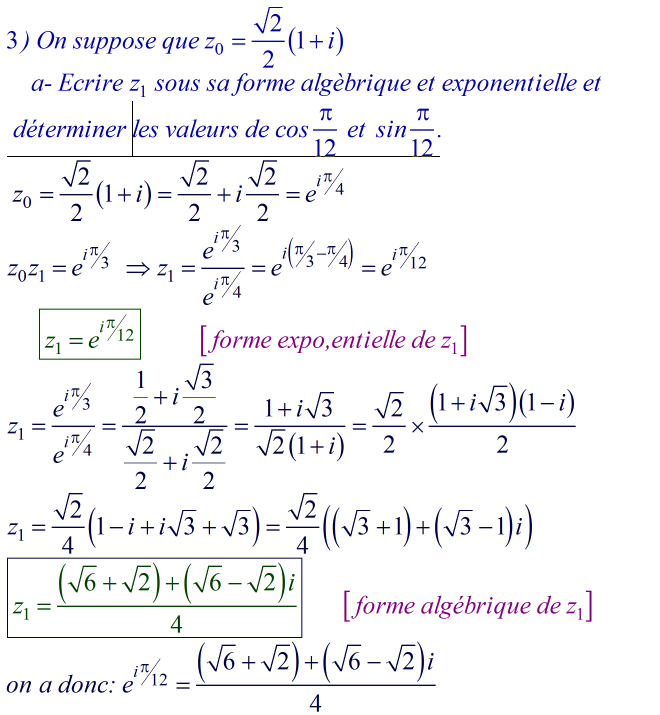Complexes: Equations, rotation et calcul de cos Pi/12 et sin Pi/12 à ...