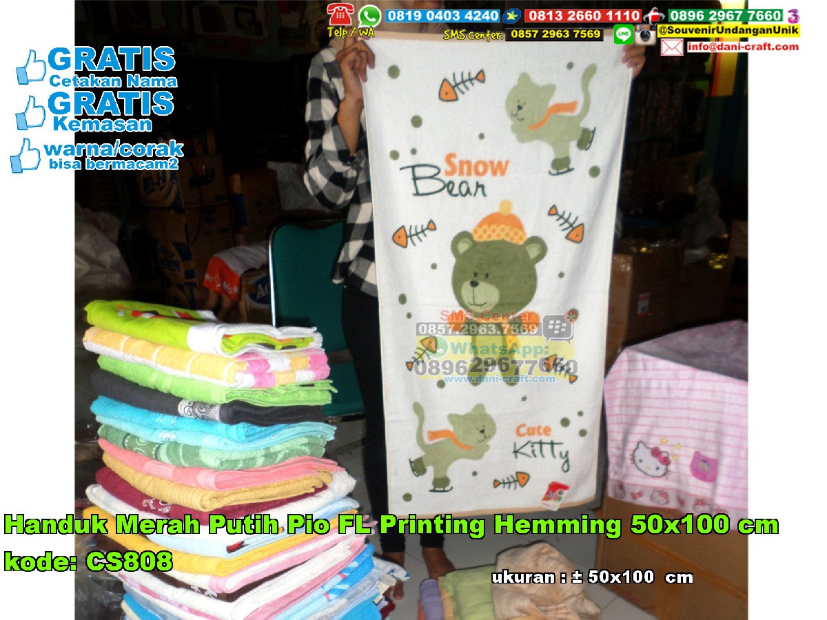 Handuk Merah Putih Pio Fl Printing Hemming 50×100 Cm | Souvenir Pernikahan