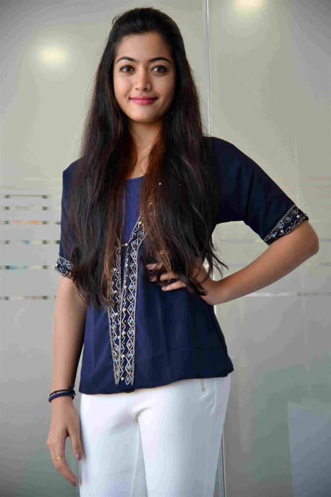 Indian Heroine Rashmika Mandanna Long Hair In Blue Top Tight White Pant ...