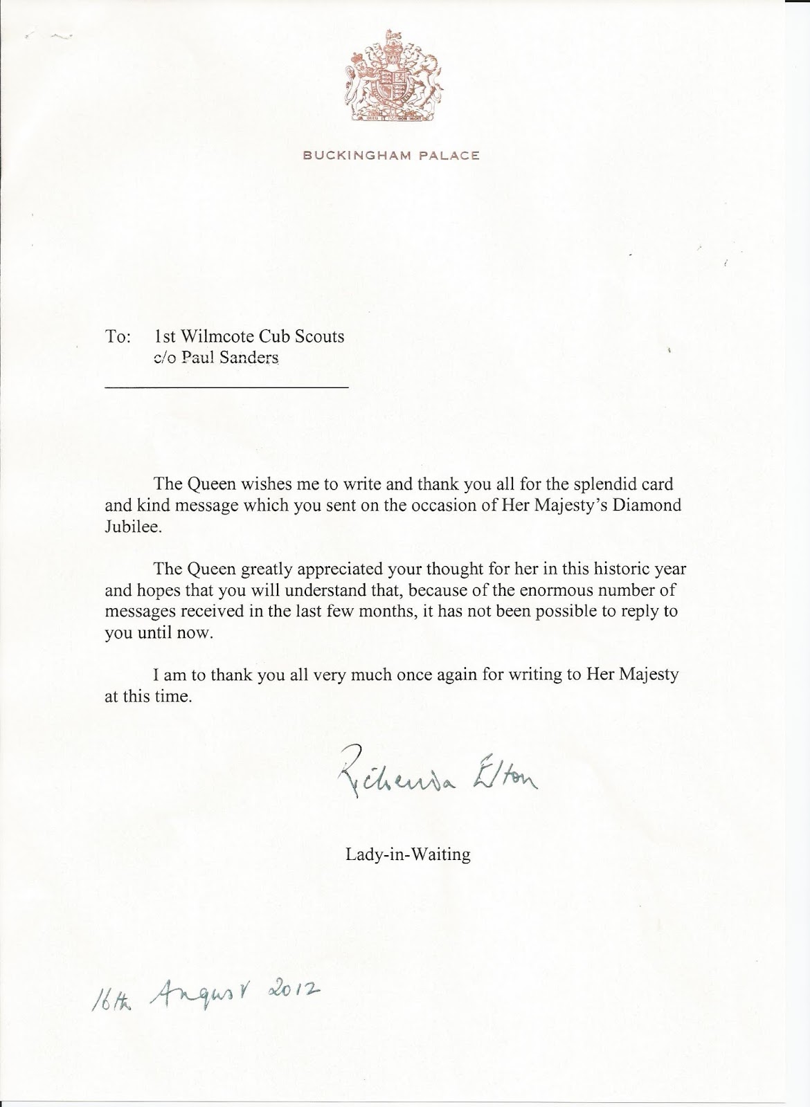Wilmcote Cub Scouts: Letter from The Queen
