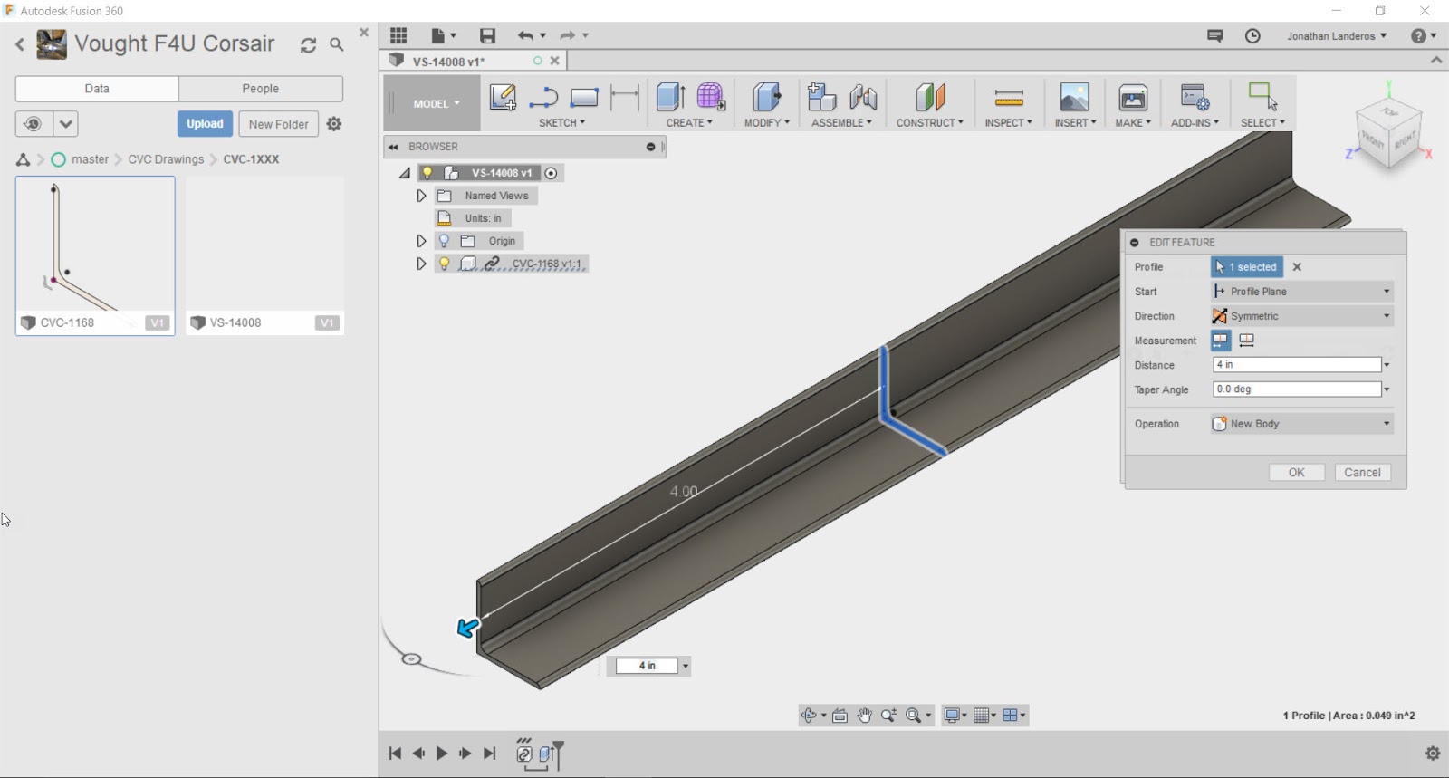 The part being extruded using Fusions std. Extrusion tool