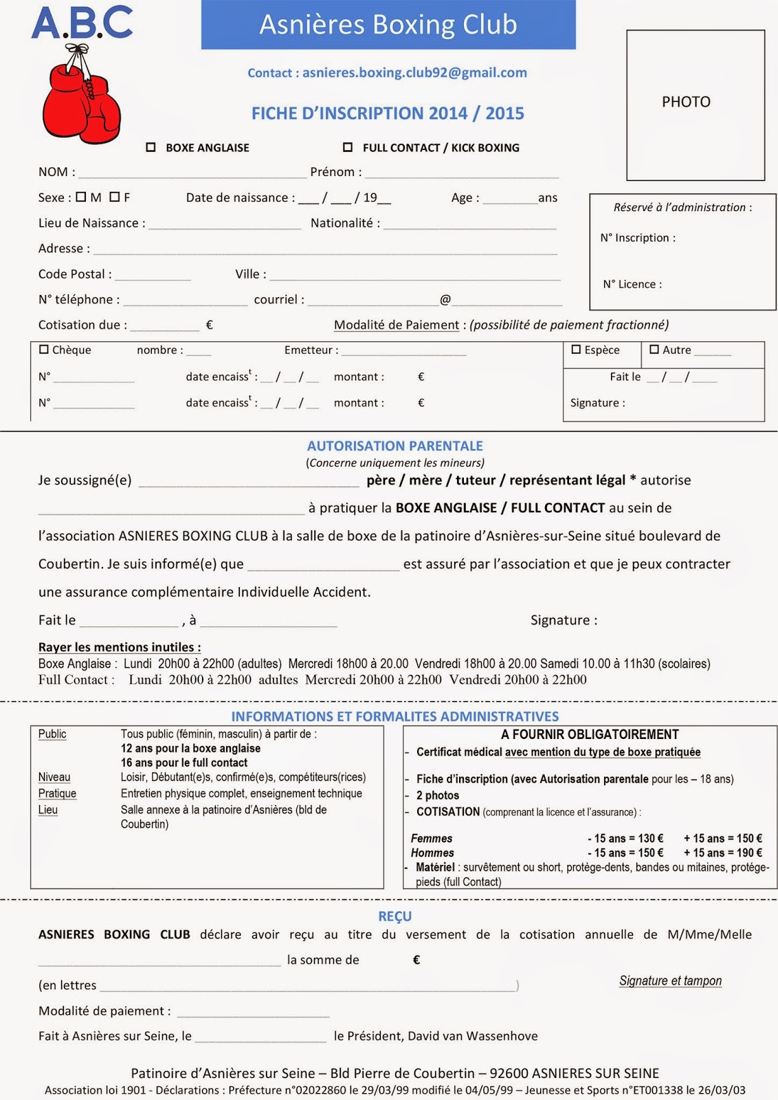 Asnières Boxing Club: Fiche d'inscription