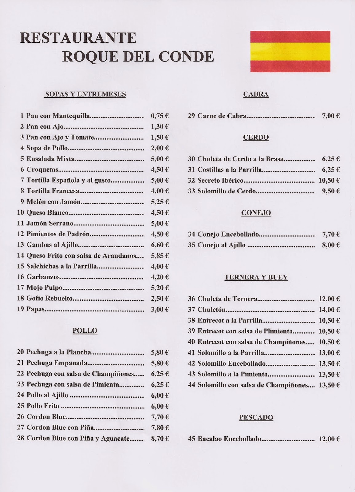 Menu español ~ Restaurante Roque del Conde