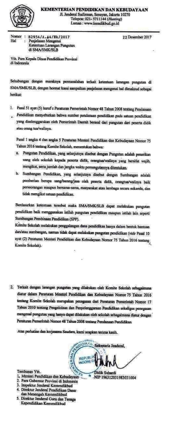 Surat Edaran Resmi Sekjen Kemdikbud Tentang Ketentuan Larangan Pungutan ...