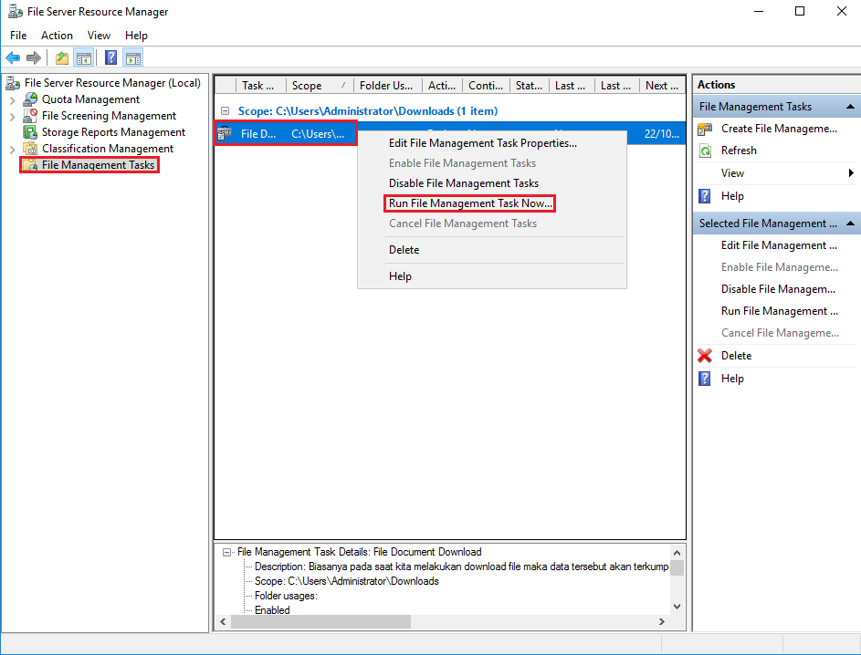 Konfigurasi FSRM | File Management Tasks | Pada Windows Server 2016