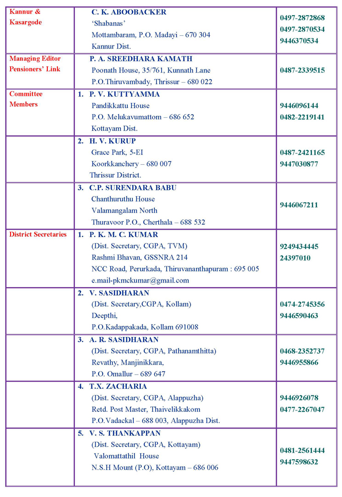 CENTRAL GOVERNMENT PENSIONERS' ASSOCIATION : KERALA: OFFICE BEARERS