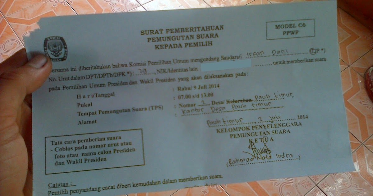 Model C6 PPWP (Surat Pemberitahuan Pemungutan Suara Kepada Pemilih ...