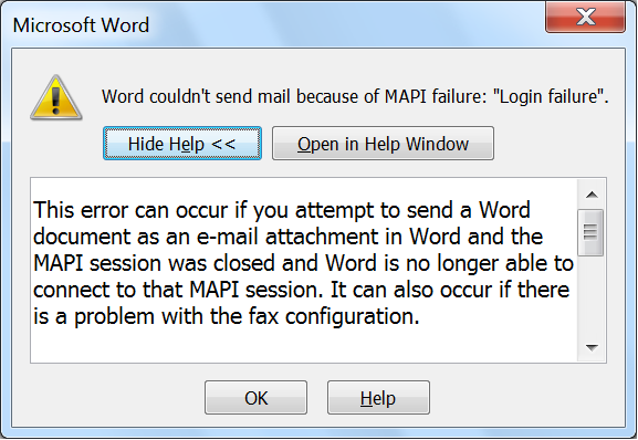 Solution: Couldn't send mail because of MAPI failure: "Operation not ...