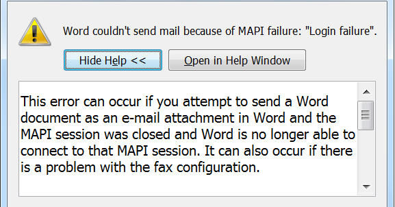 Solution: Couldn't send mail because of MAPI failure: "Operation not ...