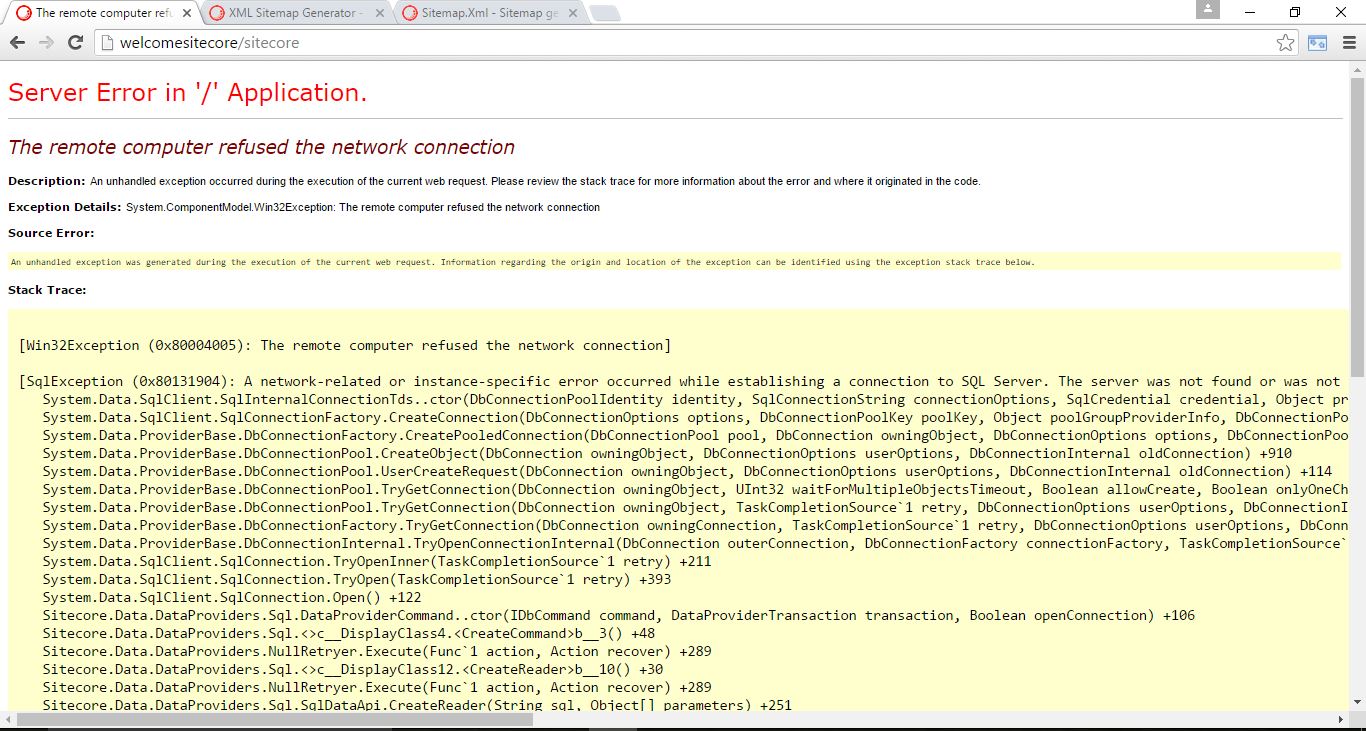 Explore Sitecore: Error: The Remote Computer refused the network connection