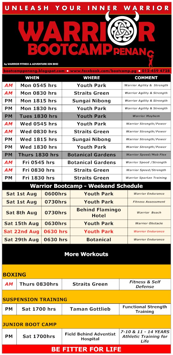 Warrior Bootcamp Penang Malaysia : Warrior Schedule 17th - 23rd Aug 2015 - Includes Training for ...