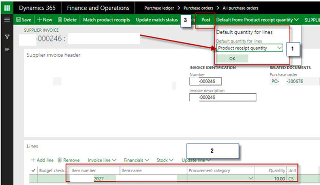 Posting Partial Product Receipt and Invoice in D365FO Purchase Orders