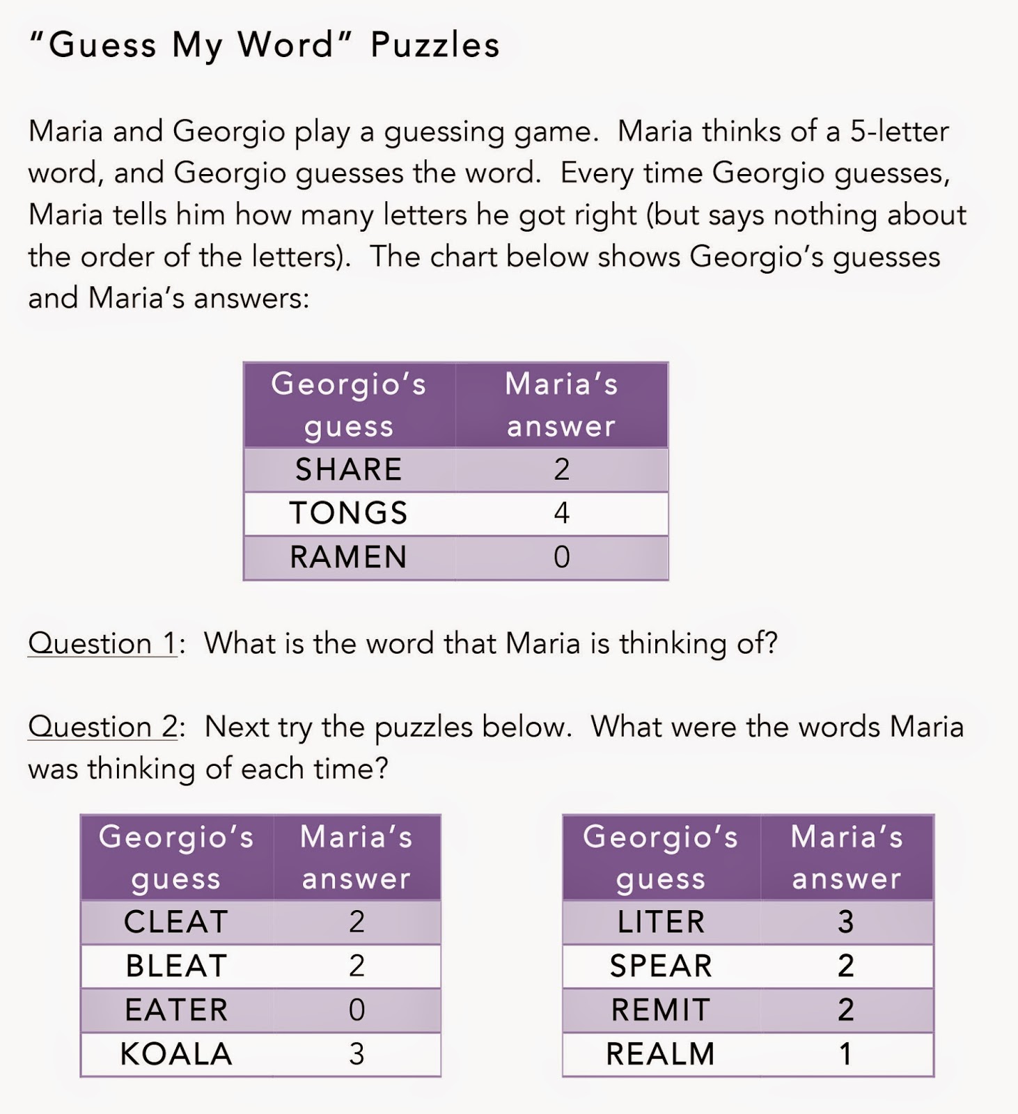 1001 Math Problems: Guess My Word Puzzles