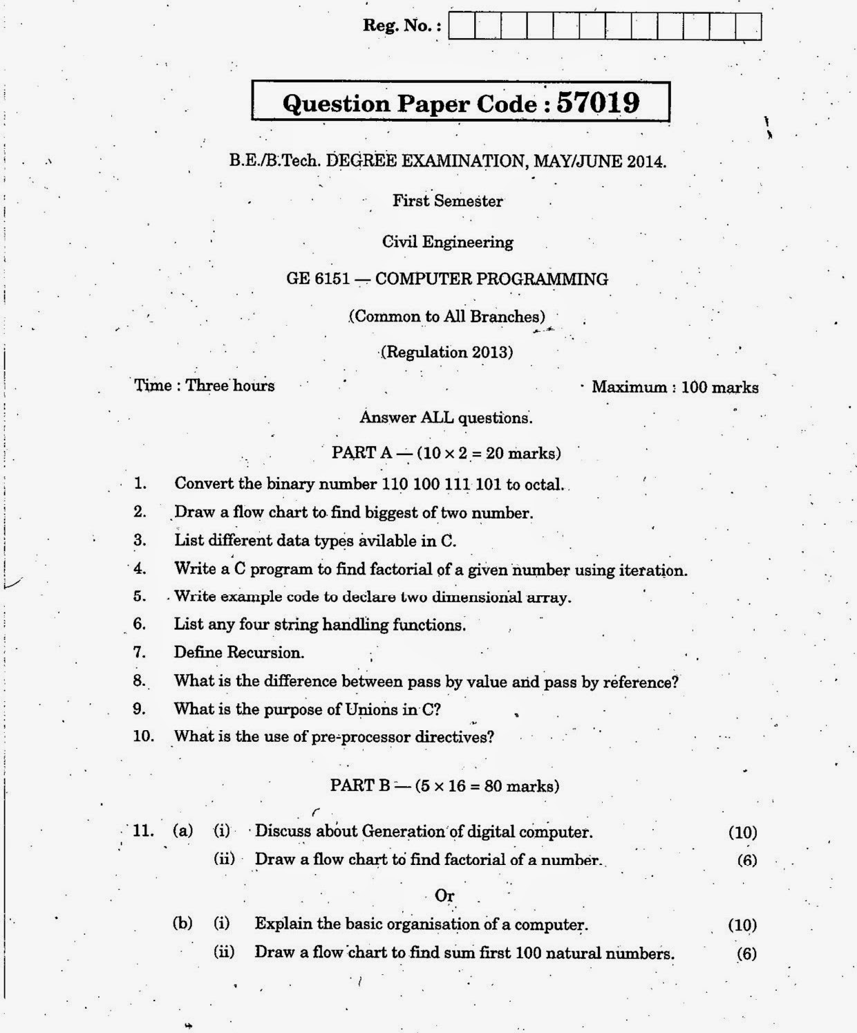 Ge 6151 Computer Programming Anna University B E 01st Semester May June 2014 Question Paper
