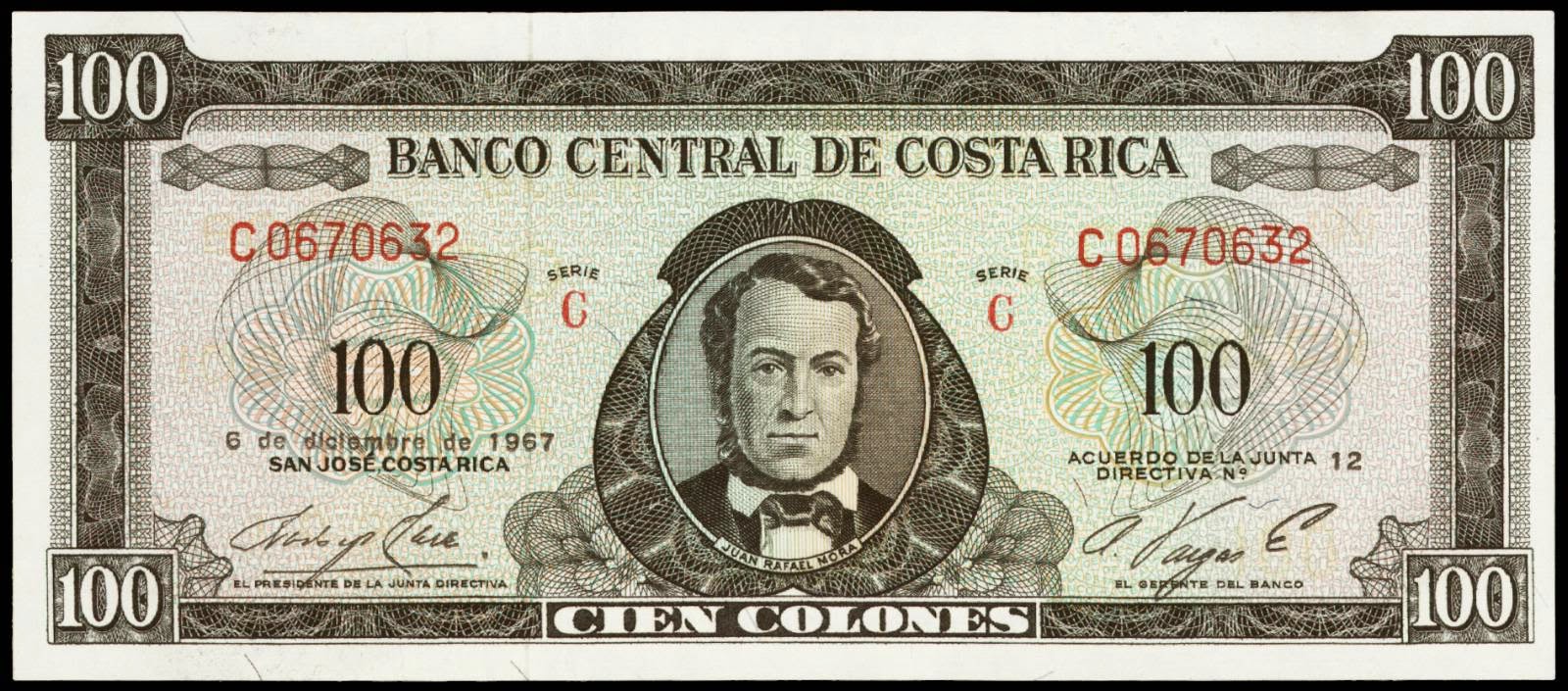 Costa Rica 100 Colones banknote 1967 Juan Rafael Mora Porras|World ...