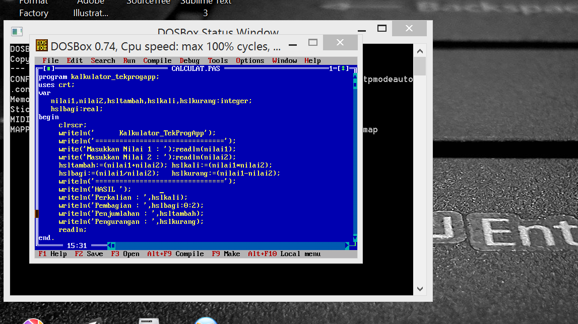 Pemrograman Pascal : Program Kalkulator Kali, Bagi, Jumlah dan Kurang ...