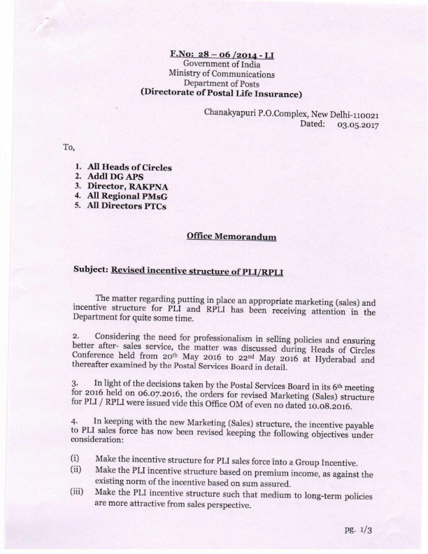 HINDUPUR POSTAL DIVISION: Revised Incentive structure of PLI/RPLI w.e.f ...