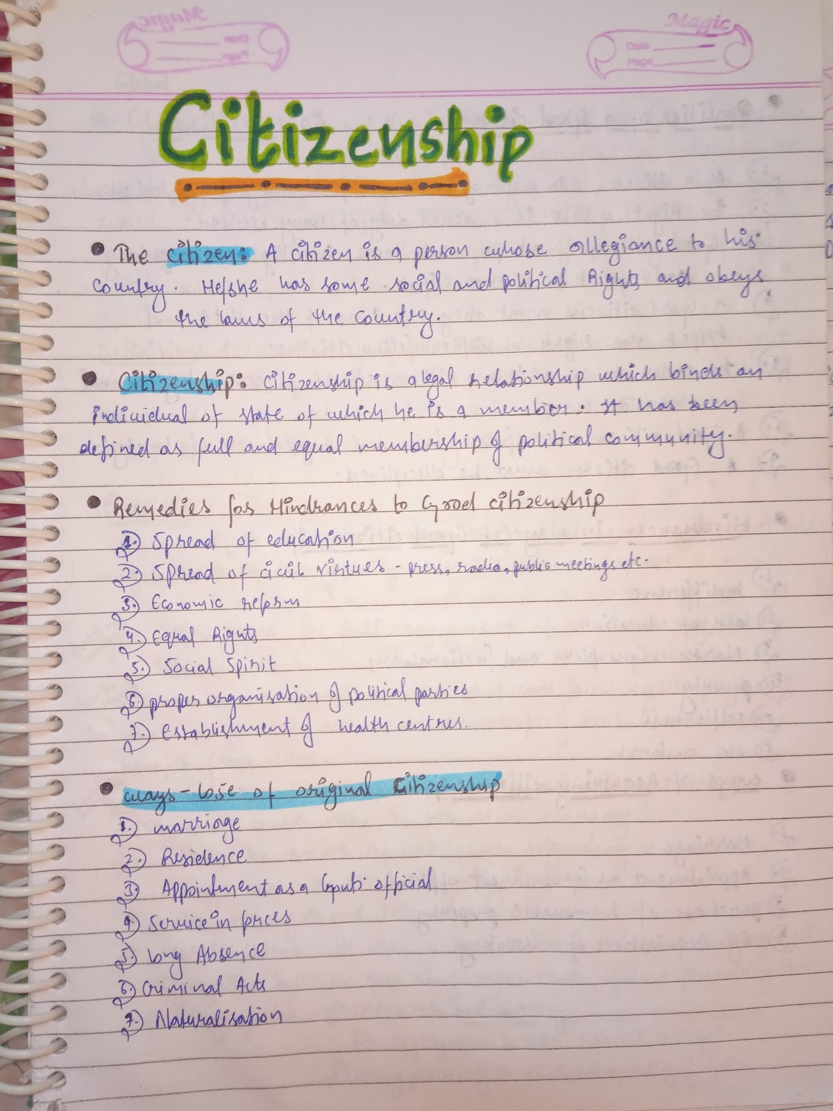Handwritten Notes of CITIZENSHIP - Political Science - Class 11th ...